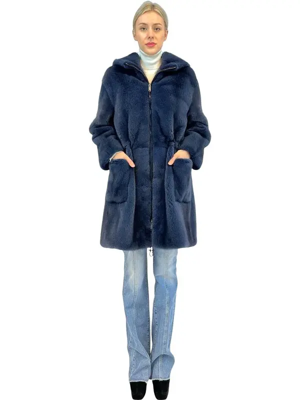 LISKA Hooded Fur Long Sleeve Coat - Blue
