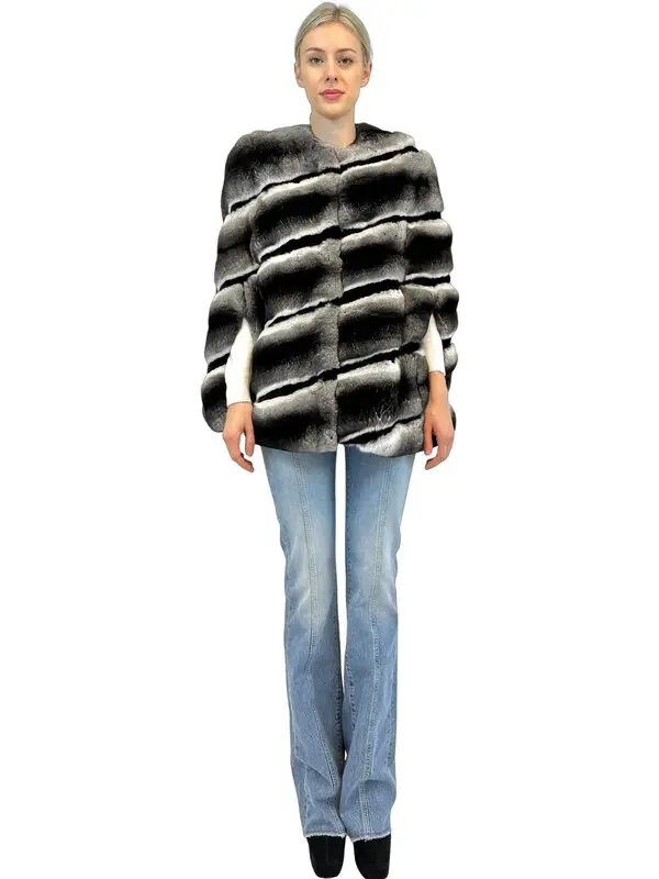 LISKA Round Collar Fur Jacket With Stripe Detail - Black
