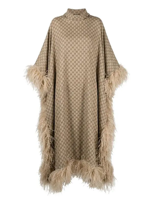 Gucci Monogrammed Long Dress With Feather Trim - Beige And Dark Brown