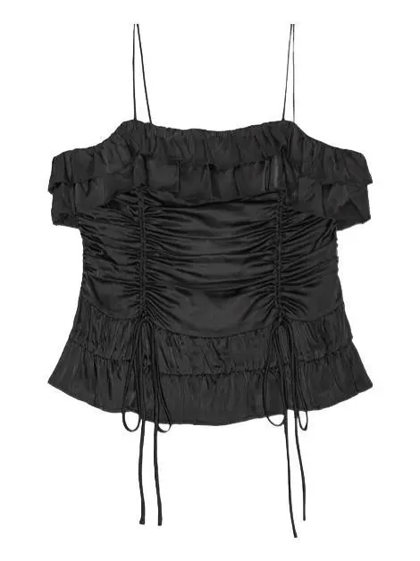 GANNI Satin Ruched Ruffle Top - Black
