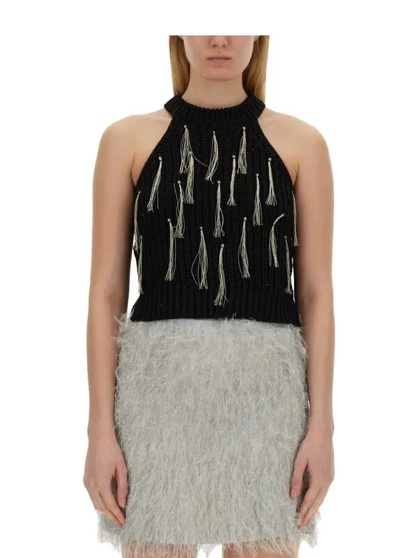 ALYSI Sleeveless Knitted Top With Fringe Detailing - Gray
