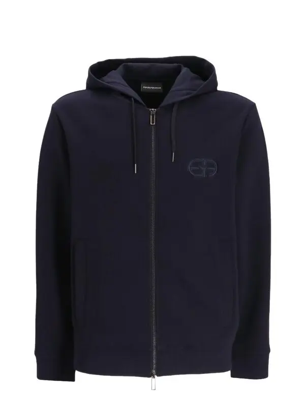 Emporio Armani Logo Embroidered Zip-up Hoodie - Navy Blue