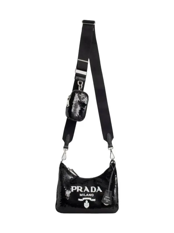 Prada Re-edition 2005 Logo Sequin Shoulder Bag - Black / White