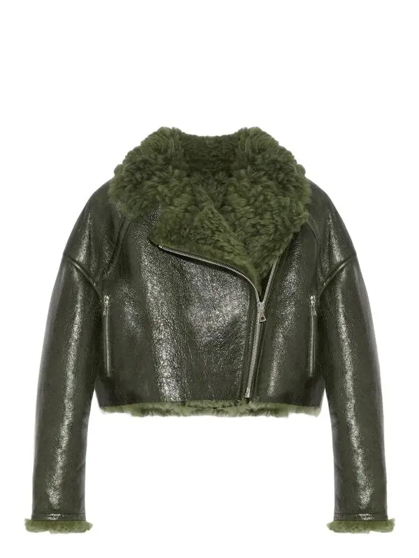 YVES SALOMON Patent Merino Cropped Biker Jacket - Green