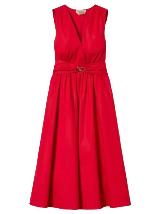TWINSET Pleated Belted V-neck Midi Dress - Red