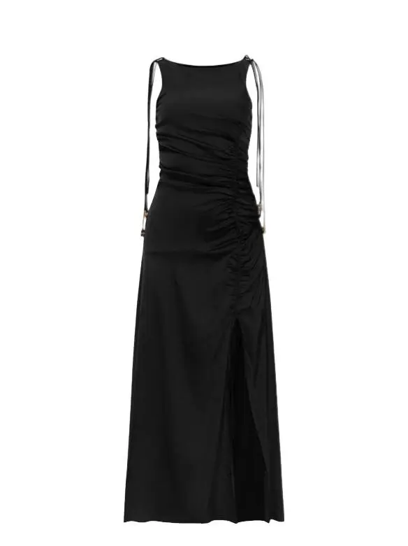 GANNI Satin Ruched Maxi Dress With Slit - Black