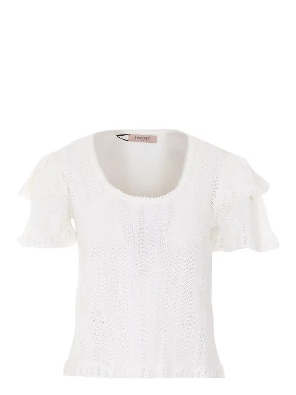 TWINSET Ruffled Sleeve Knit T-shirt - White