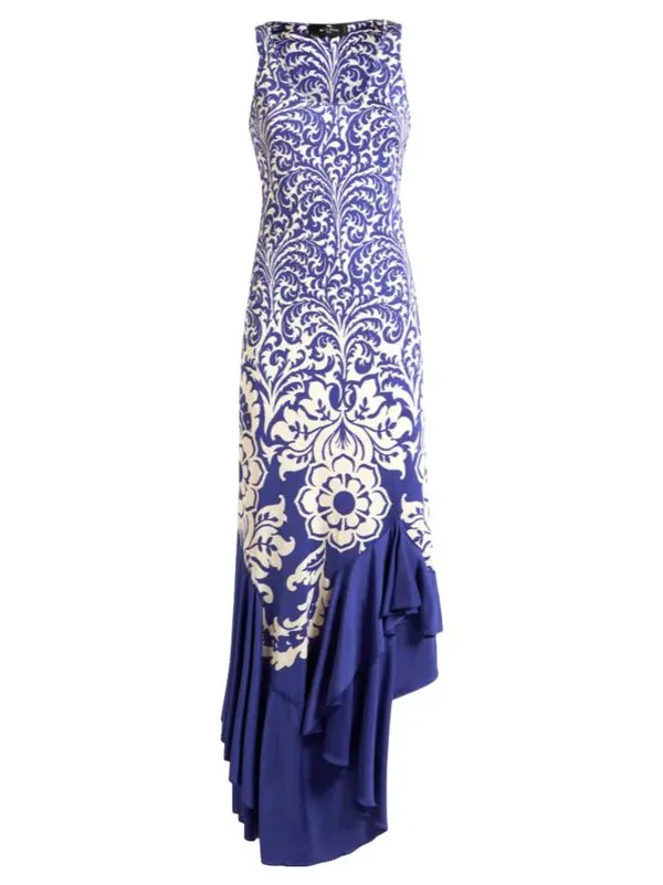 Etro Flounce Printed Long Jersey Dress - Electric Blue