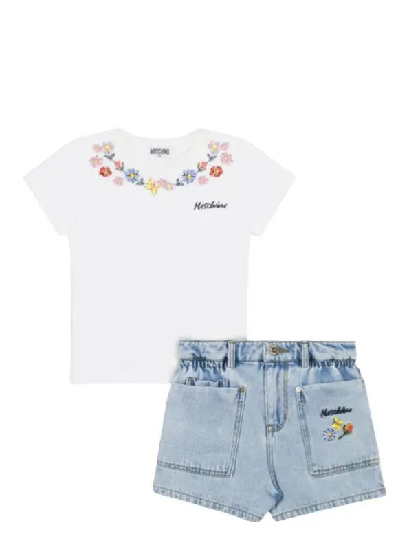 Moschino Embroidered Floral T-shirt And Denim Shorts Set - White