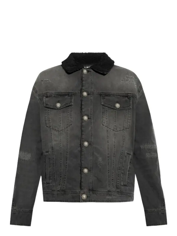 Balmain Distressed Denim Jacket With Shearling Collar - Black