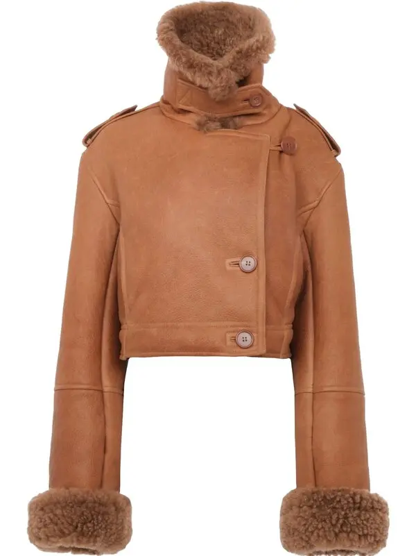 Chloé Cropped Boxy Jacket In Leather And Shearling - Amber Brown