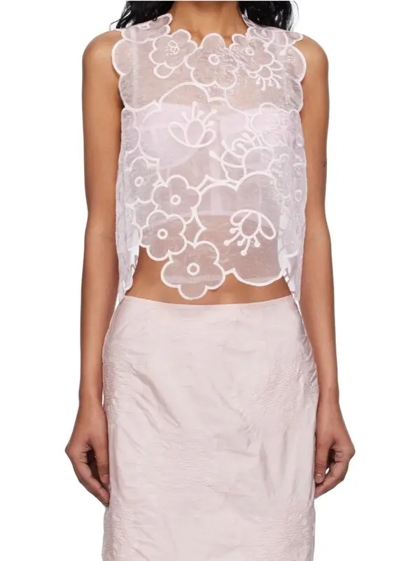 Cecilie Bahnsen Sleeveless Floral Embroidered Crewneck Top - Pink