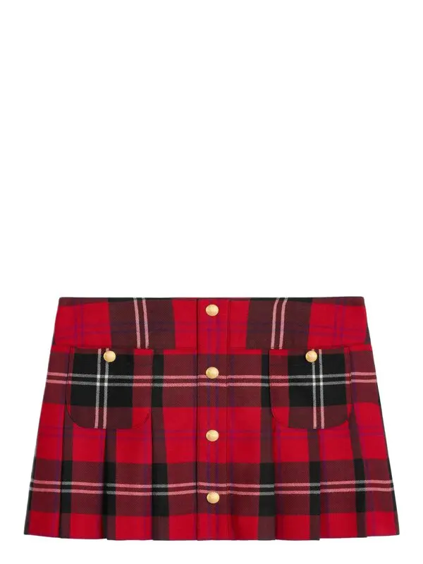 Celine Pleated Tartan Wool Mini Skirt - Red