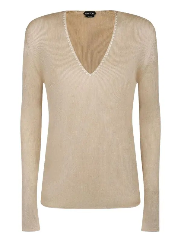 TOM FORD V-neck Knitted Top With Logo Detail - Nude