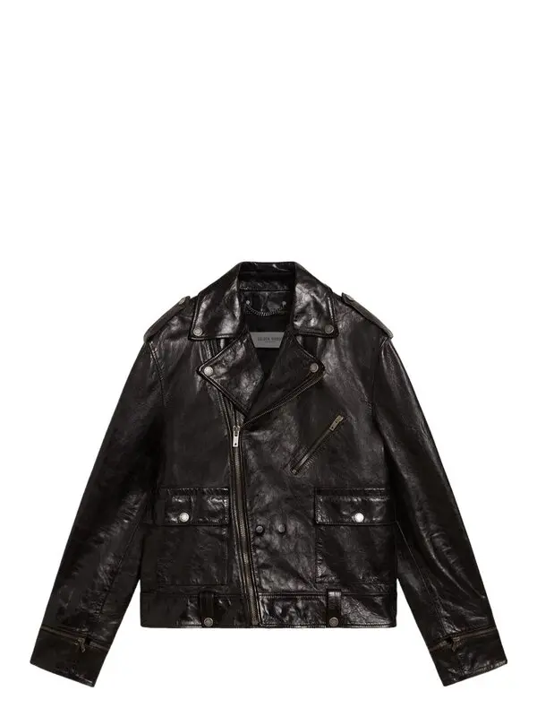 GOLDEN GOOSE Off-center Zipped Leather Jacket - Black
