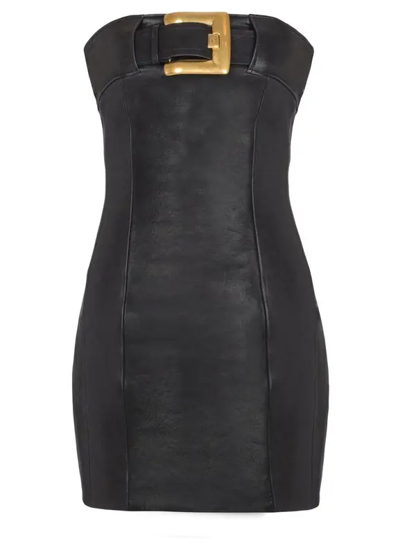 Balmain Belted Strapless Leather Mini Dress - Black