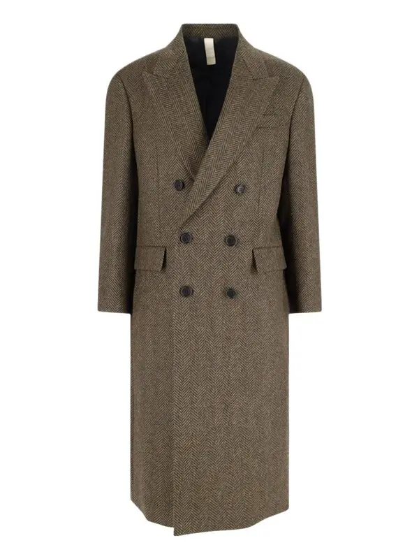 SUNFLOWER Herringbone Double-breasted Coat - Brown