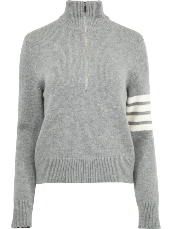 Thom Browne Half-zip Funnel Neck Knit Pullover With Signature Stripes - Light Gray