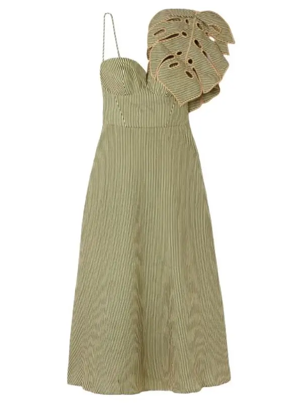 Farm Rio Striped Leaf Detail Midi Dress - Green