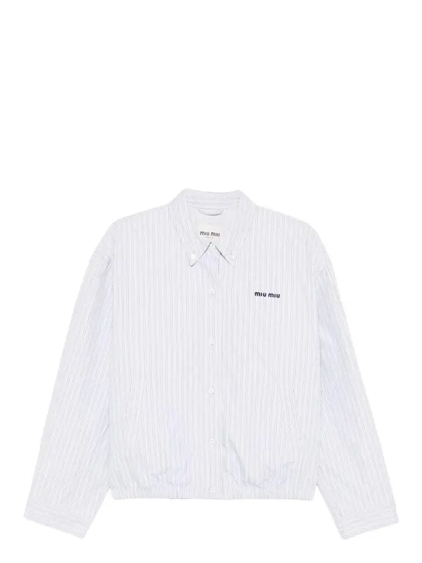 Miu Miu Logo Embroidered Striped Shirt Jacket - Grey
