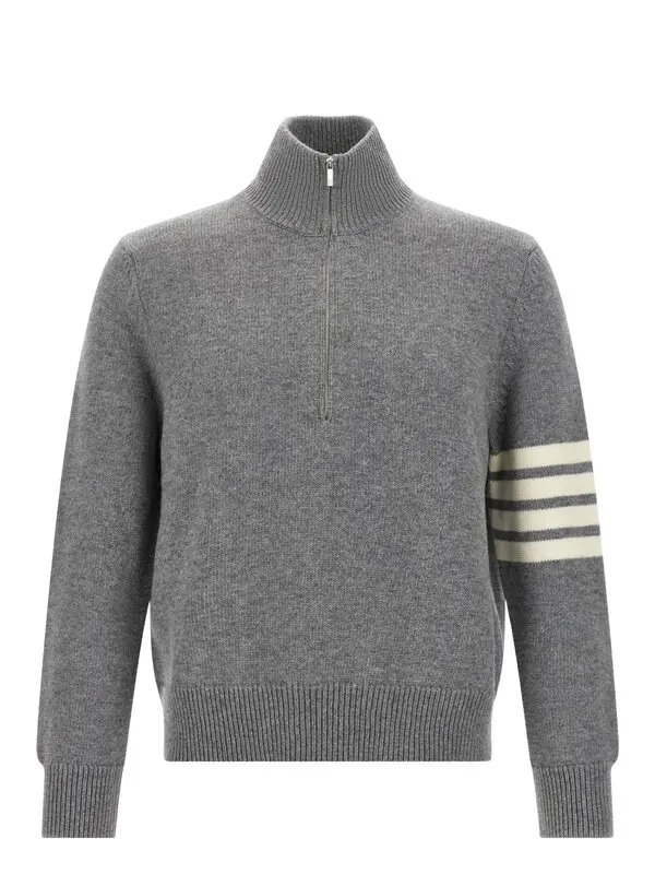 Thom Browne Striped Funnel Neck Half-zip Sweater - Light Gray