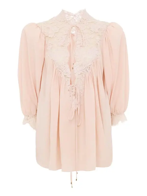 Chloé Fluid Puff-sleeved Blouse With Lace Appliqués - Soft Pink