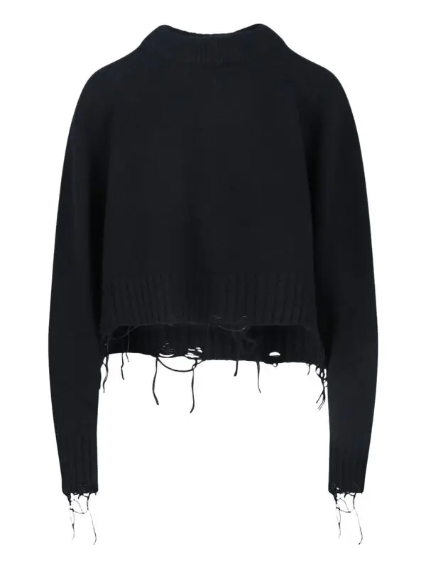 LOW CLASSIC Distressed Crop Sweater With Fringe Detail - Black