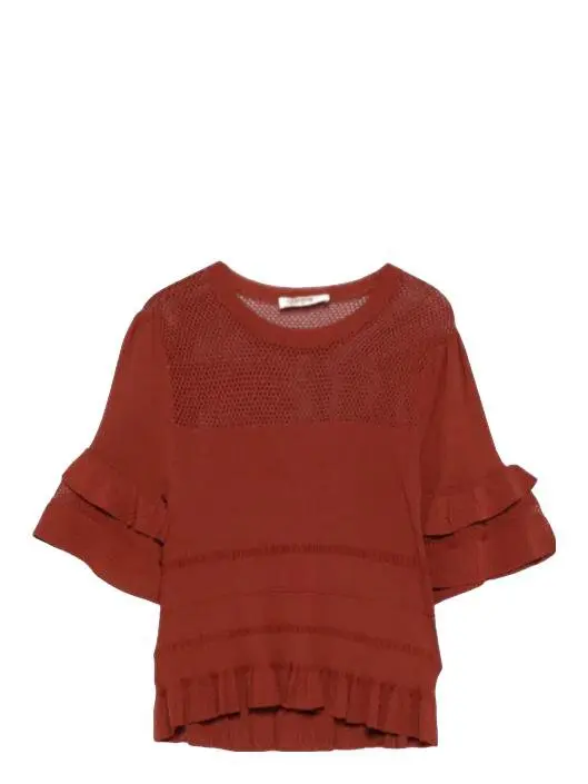 TWINSET Ruffle Rib Knit Mesh Jumper - Red