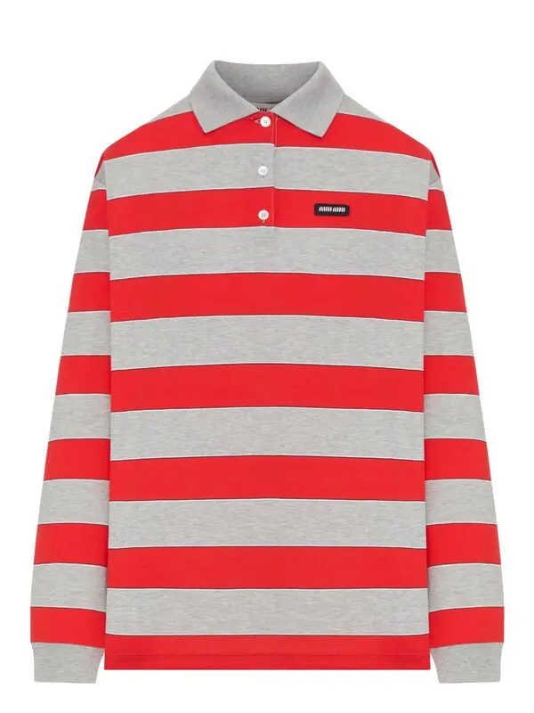Miu Miu Striped Jersey Long Sleeve Polo Shirt - Gray