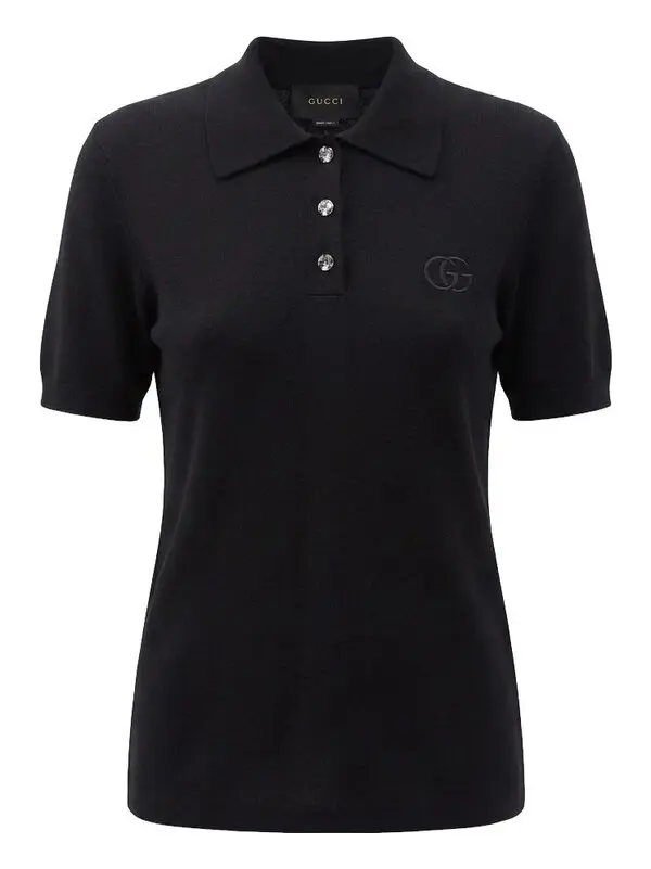 Gucci Embroidered Cashmere Silk Polo Shirt - Black