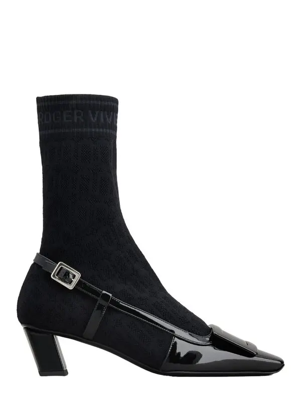 ROGER VIVIER Belle Vivier Sock Lacquered Buckle Ankle Boots - Black