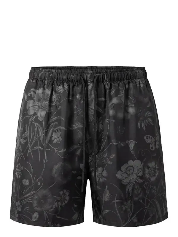 Gucci Allover Flora Print Silk Twill Shorts - Black And Gray