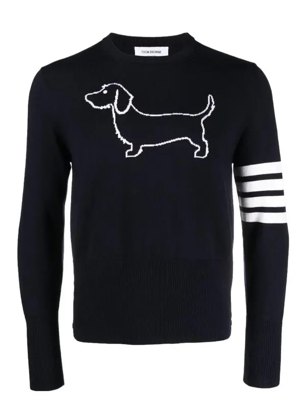 Thom Browne 4-bar Stripe Crewneck Jumper With Dachshund Motif - Navy Blue