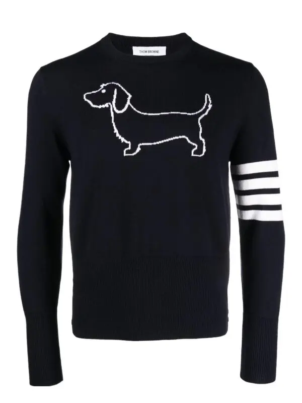 Thom Browne 4-bar Stripe Crewneck Jumper With Dachshund Motif - Navy Blue