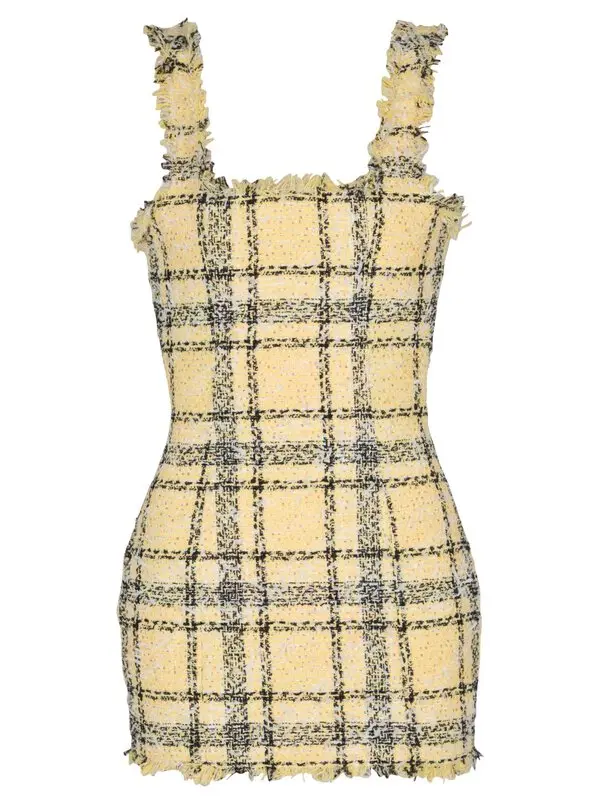 Balmain Frayed Check Tweed Mini Dress - Yellow