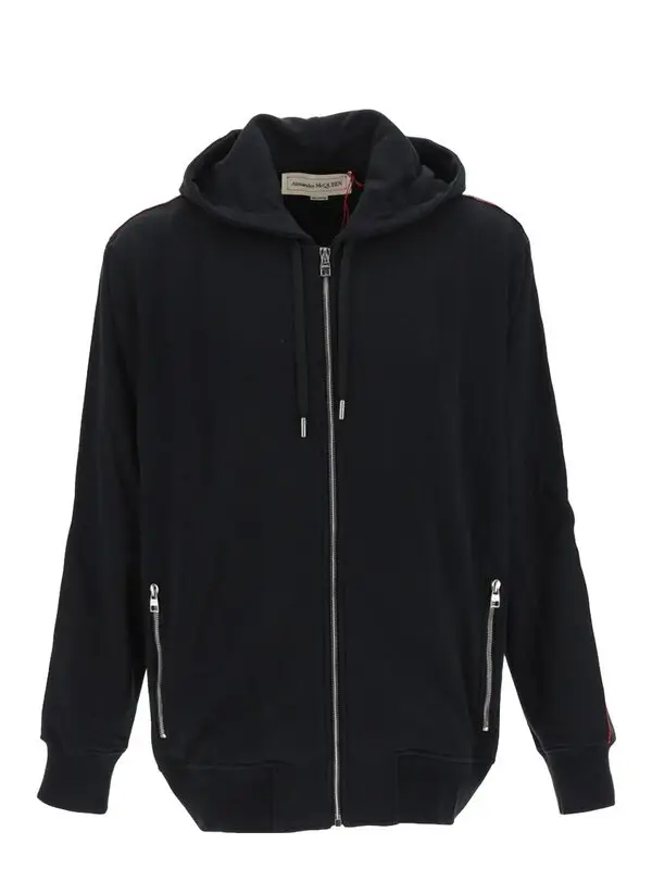 Alexander McQueen Zip Up Hoodie With Logo Straps - Black