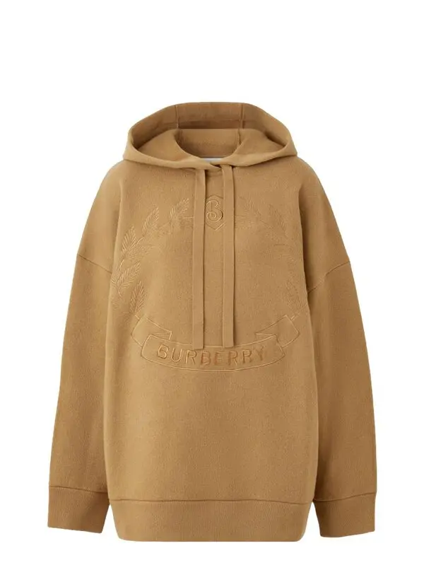 Burberry Embroidered Oak Leaf Crest Drawstring Hoodie - Brown