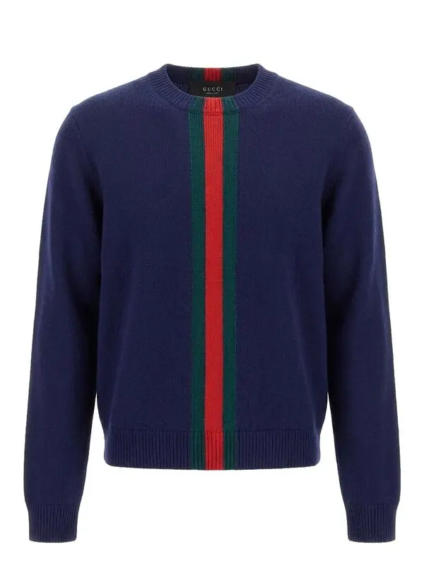 Gucci Fine Knit Wool Sweater With Web Intarsia - Blue