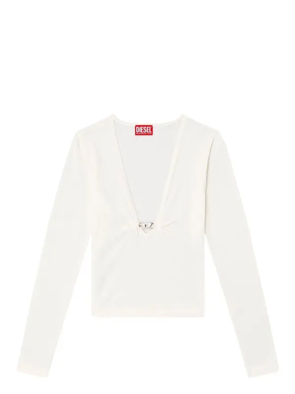 DIESEL® V-neck Pleated Top With Metal D Card Detail - White
