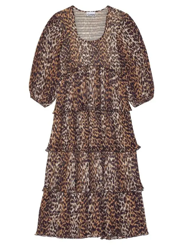 GANNI Leopard Printed Pleated Midi Dress - Multicolor