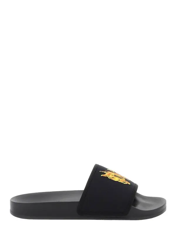 Palm Angels Flame Monogram Printed Round Toe Slides - Black