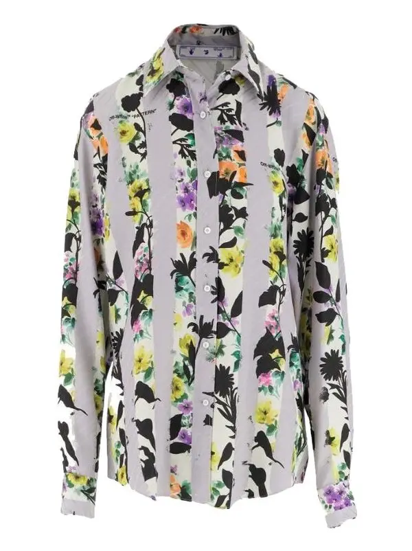Off-White Multicolor Floral Striped Long Sleeve Shirt - Gray