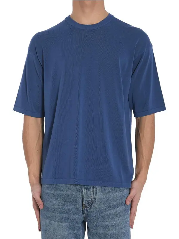 ROBERTO COLLINA Ribbed Crewneck Short Sleeve Knitwear - Blue