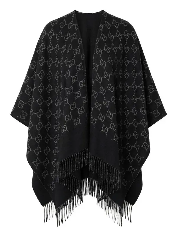 Gucci Gg Jacquard Cape With Fringe Trim - Black And Light Gray