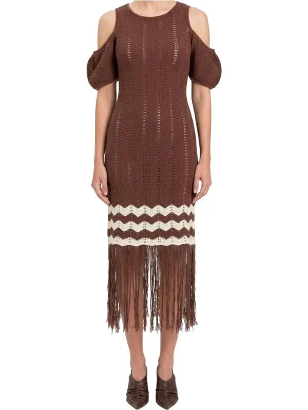 TWINSET Knitted Dress With Fringe And Cold Shoulder Detail - Brown