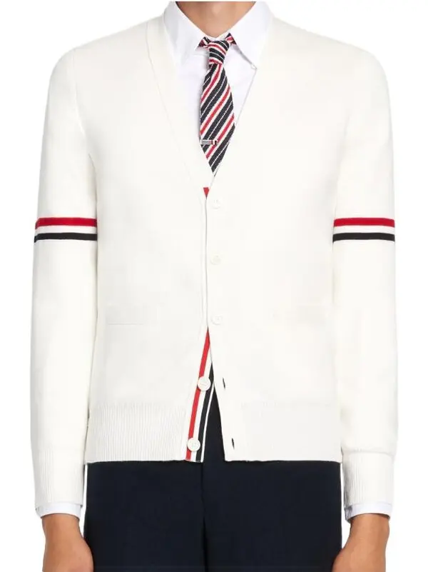 Thom Browne Tricolour 4-bar V-neck Cardigan - White