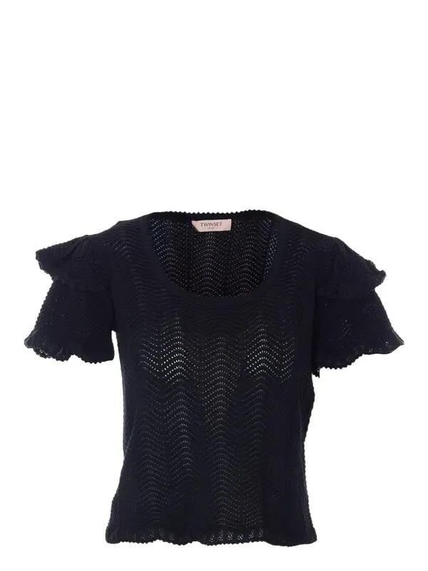 TWINSET Openwork Knit Ruffled Top - Black