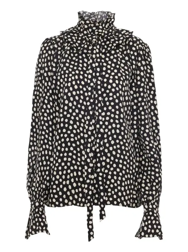 Chloé Polka-dot Long Sleeve Shirt With Lace-up Front - Black/beige
