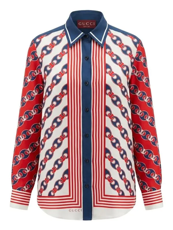Gucci Printed Silk Twill Long Sleeve Shirt - Red, White And Blue