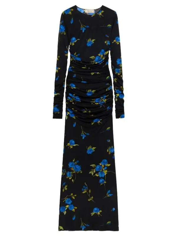 Blumarine Ruched Floral Maxi Dress - Black